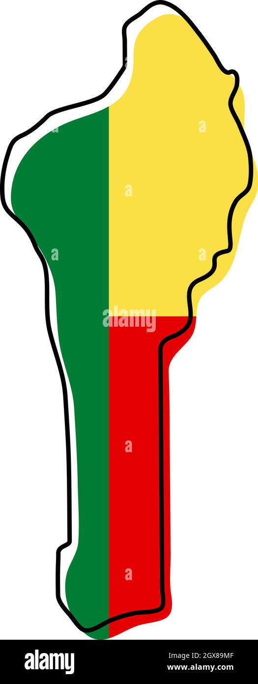 Stylized outline map of Benin with national flag icon. Flag color map ...