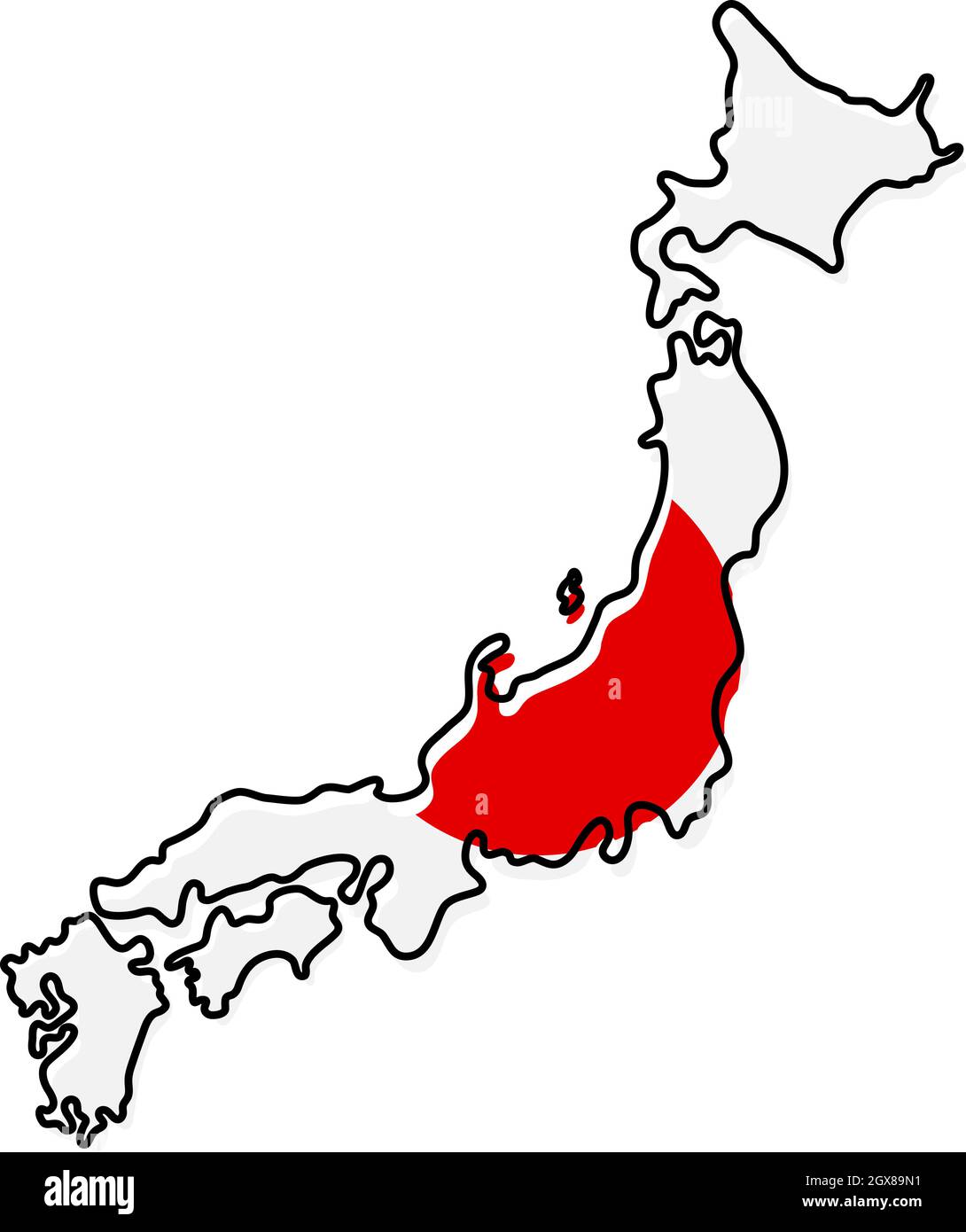 Stylized outline map of Japan with national flag icon. Flag color map ...