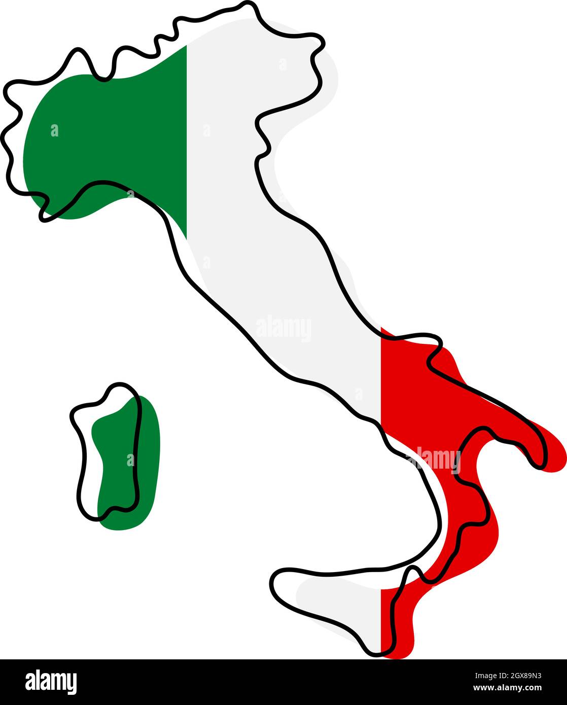 Stylized outline map of Italy with national flag icon. Flag color map ...