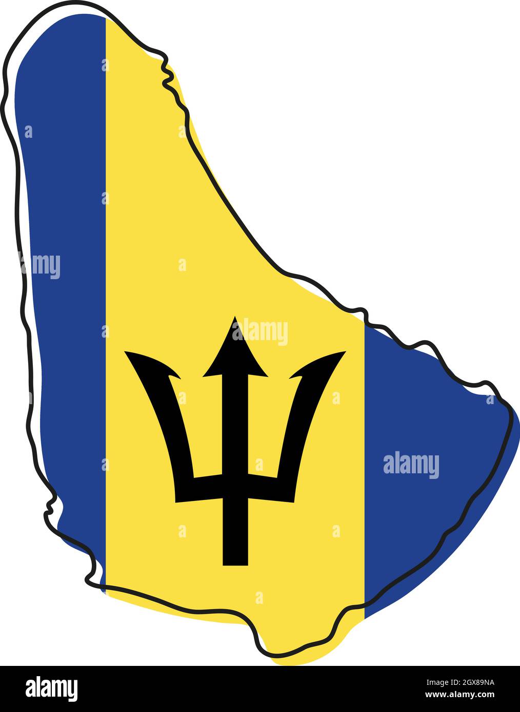 Stylized outline map of Barbados with national flag icon. Flag color ...