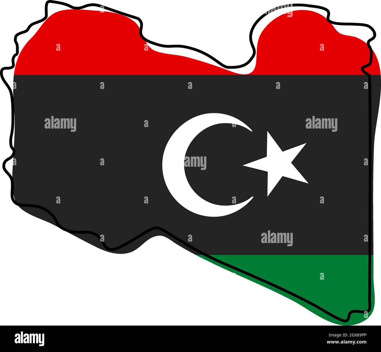 Stylized outline map of Libya with national flag icon. Flag color map ...