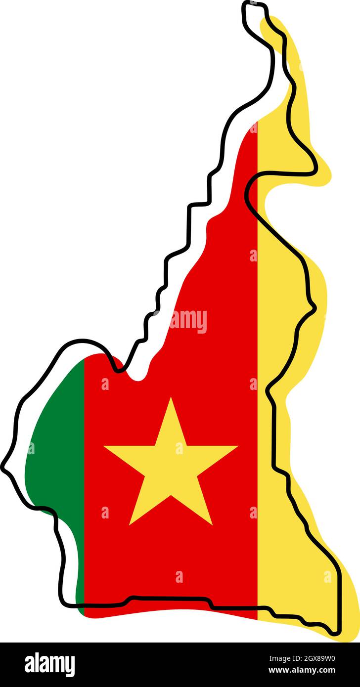 Stylized outline map of Cameroon with national flag icon. Flag color ...