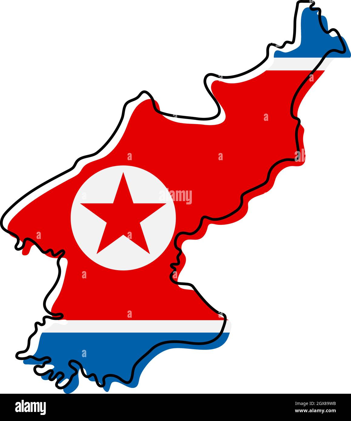 Stylized outline map of North Korea with national flag icon. Flag color ...