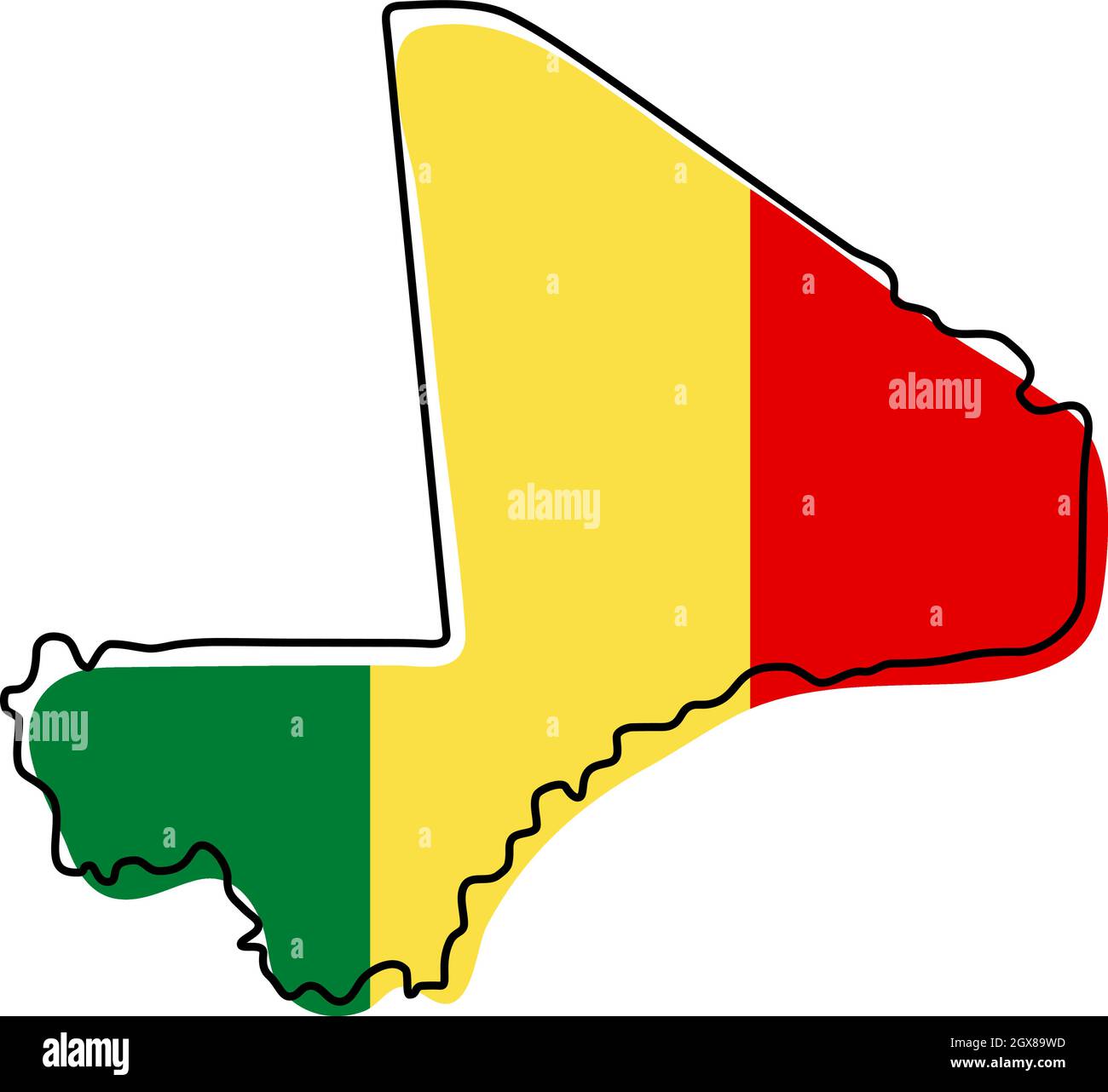 Stylized outline map of Mali with national flag icon. Flag color map of ...