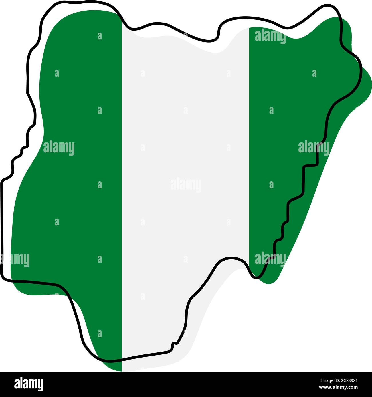 Stylized outline map of Nigeria with national flag icon. Flag color map ...