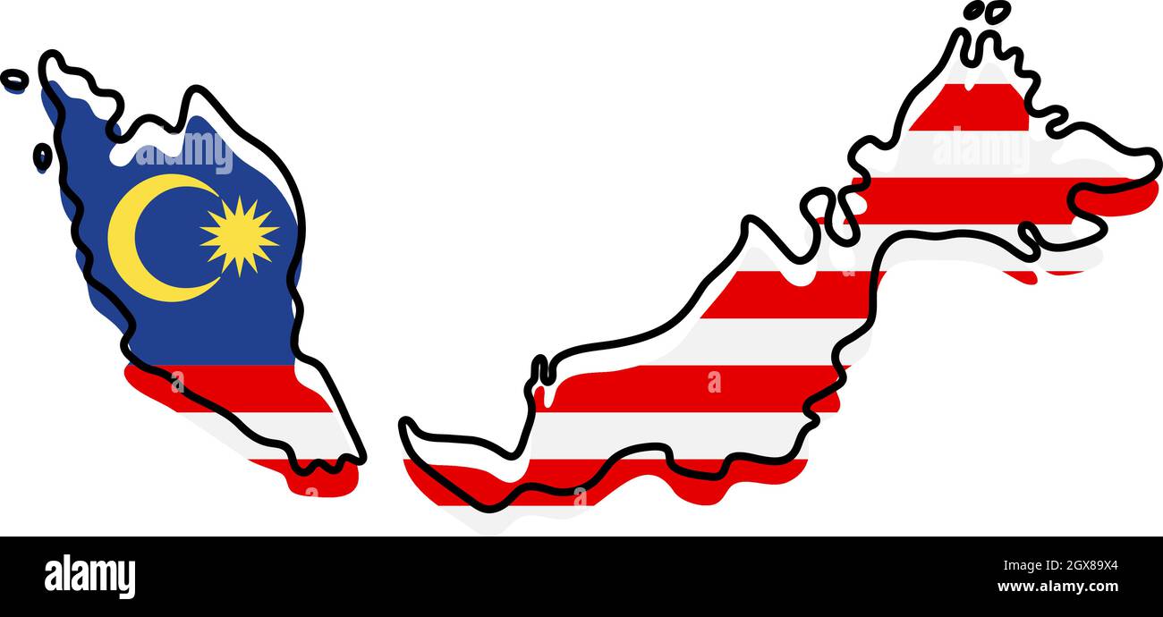 Stylized outline map of Malaysia with national flag icon. Flag color ...