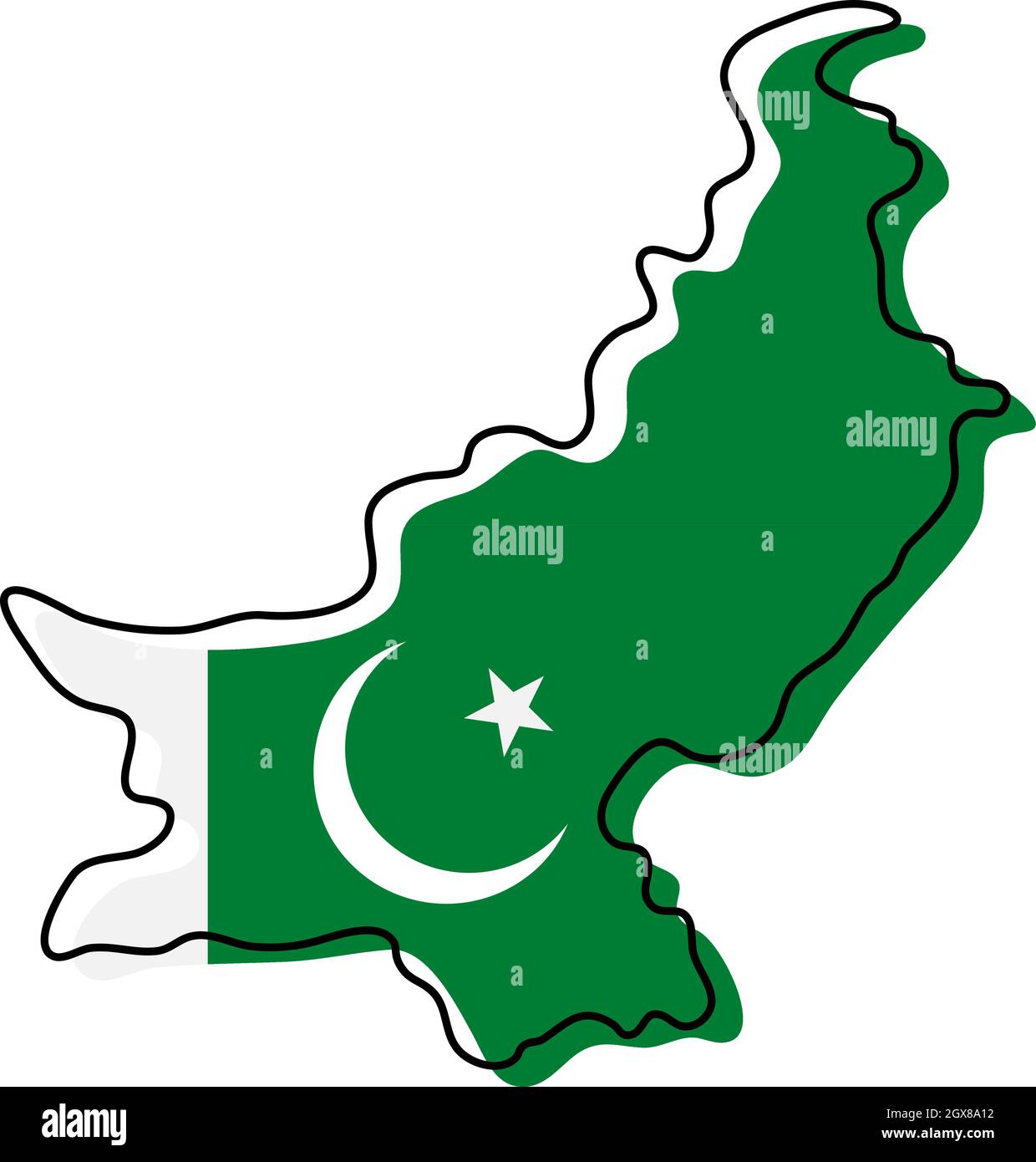 Stylized outline map of Pakistan with national flag icon. Flag color ...
