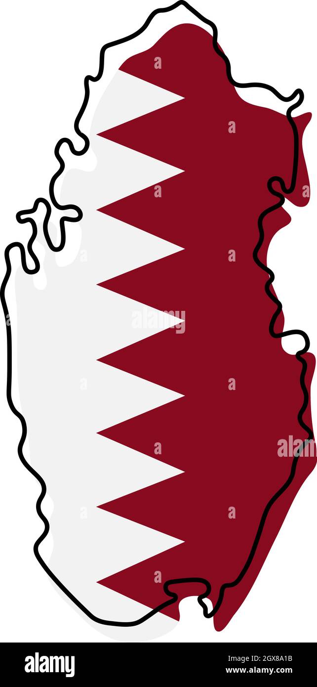 Stylized outline map of Qatar with national flag icon. Flag color map ...