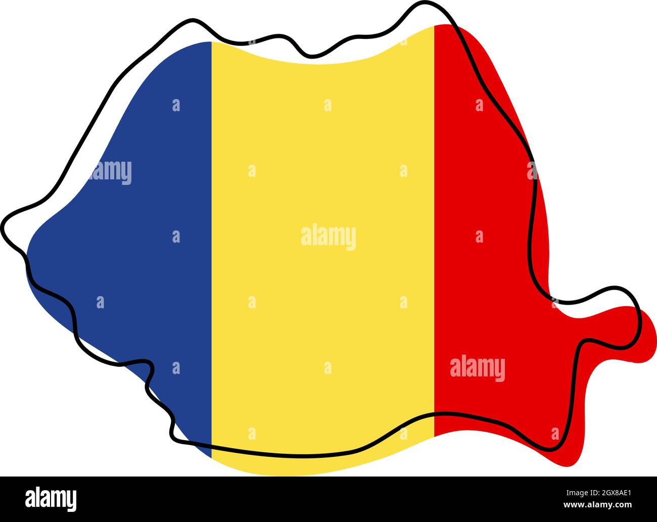 Stylized outline map of Romania with national flag icon. Flag color map ...