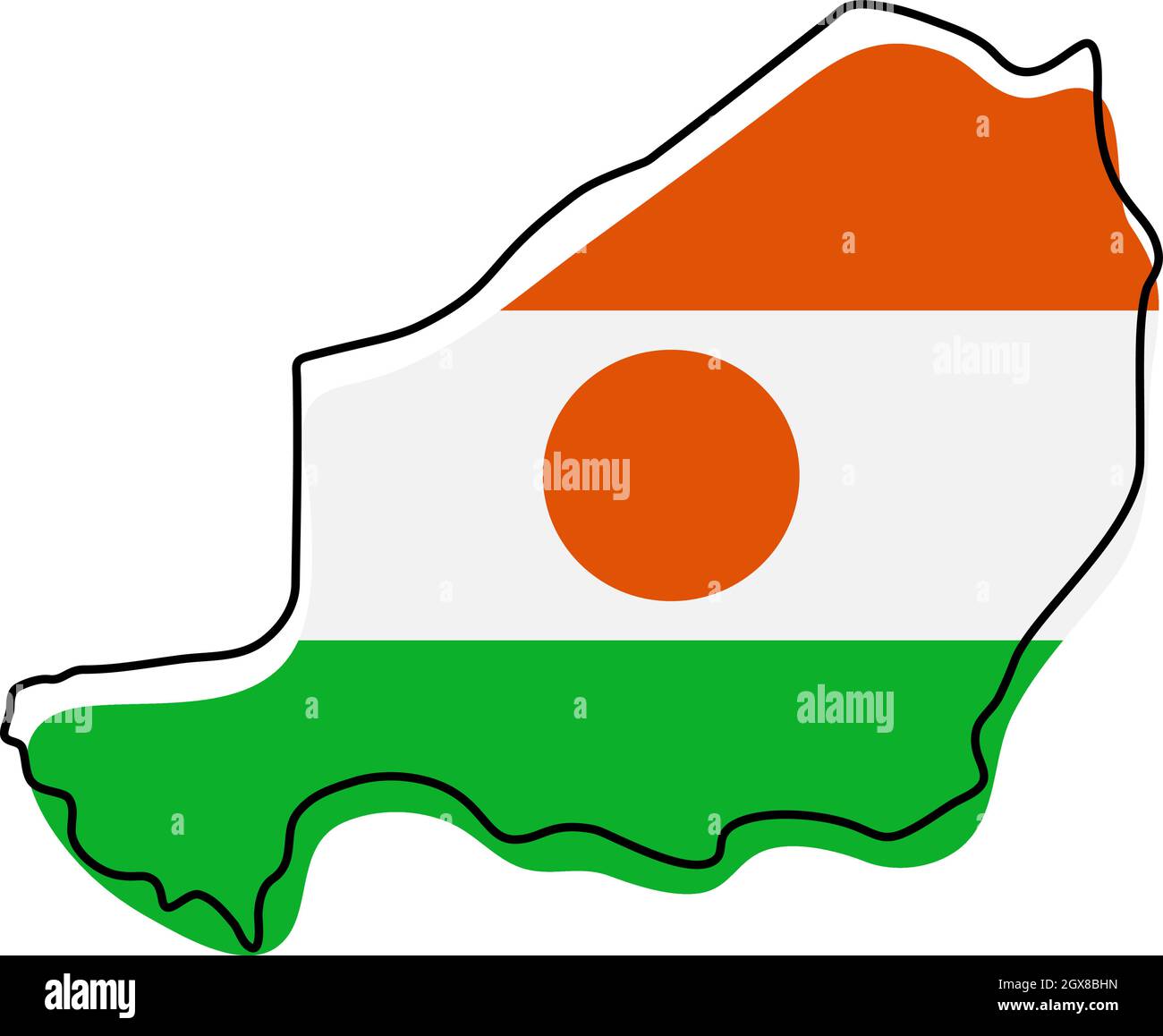 Stylized outline map of Niger with national flag icon. Flag color map ...