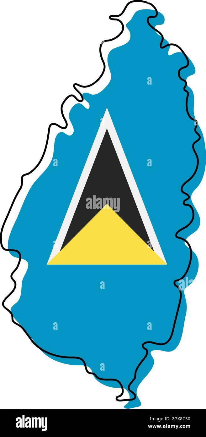 Stylized outline map of Saint Lucia with national flag icon. Flag color ...
