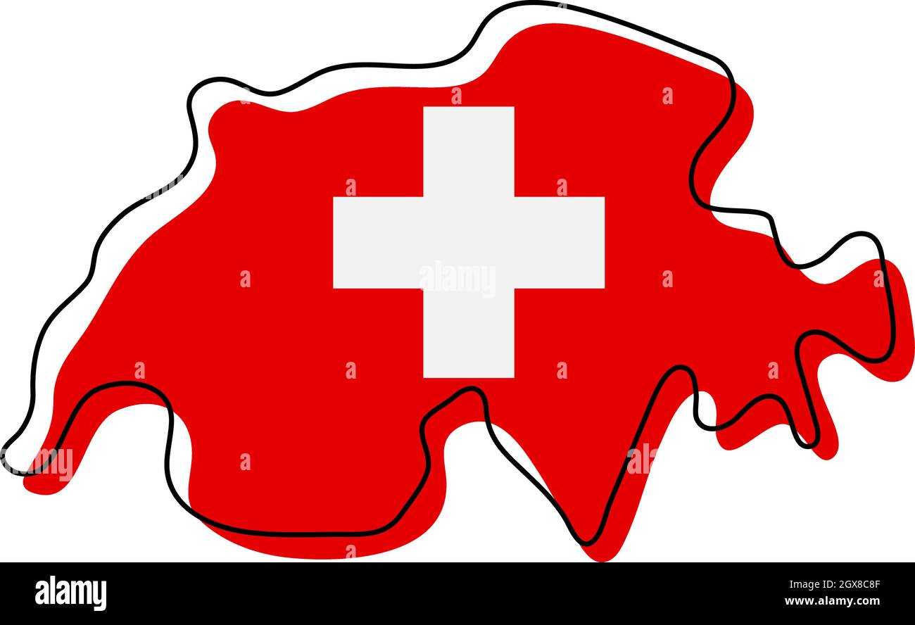 Stylized outline map of Switzerland with national flag icon. Flag color ...