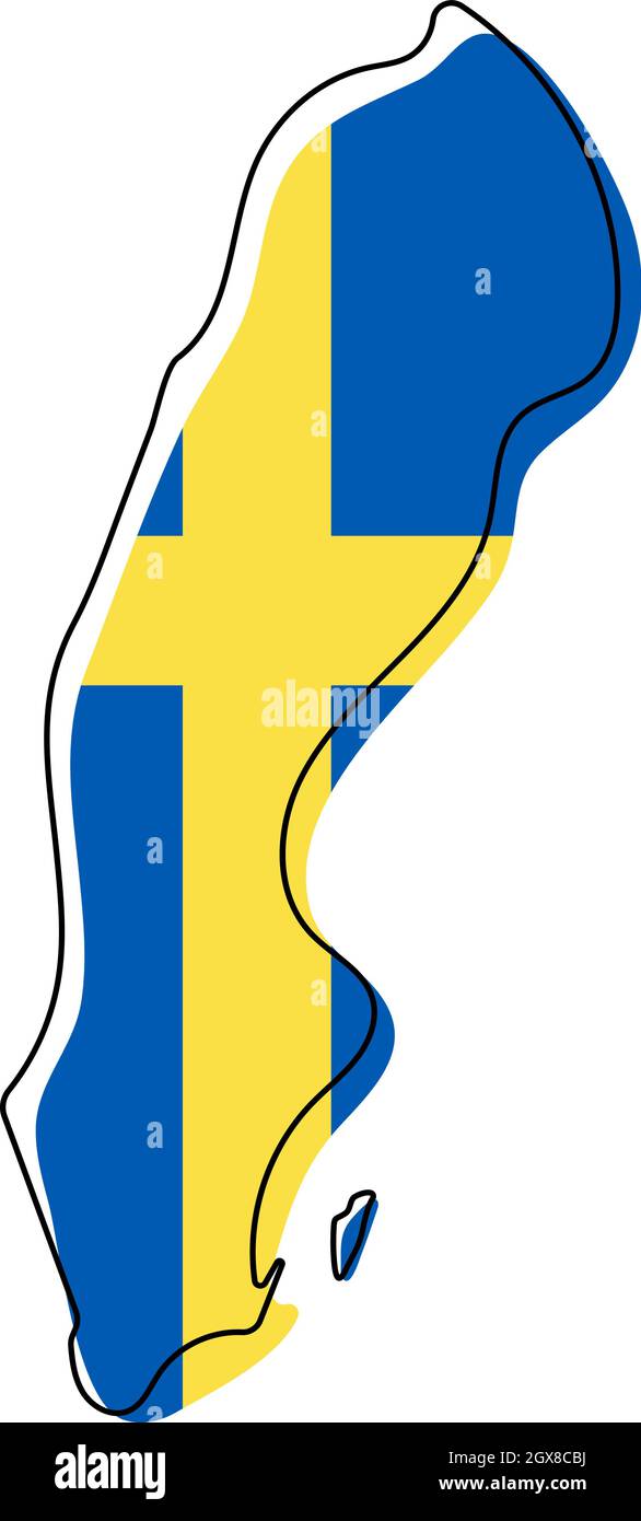 Stylized outline map of Sweden with national flag icon. Flag color map ...