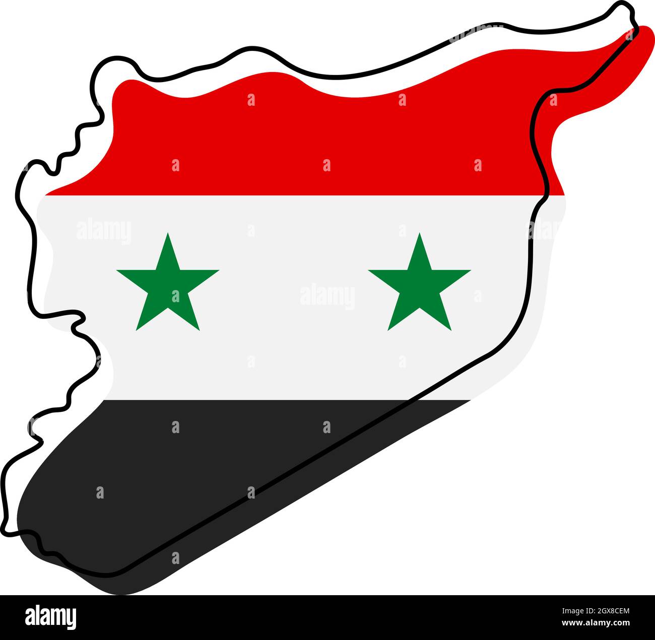 Stylized outline map of Syria with national flag icon. Flag color map ...
