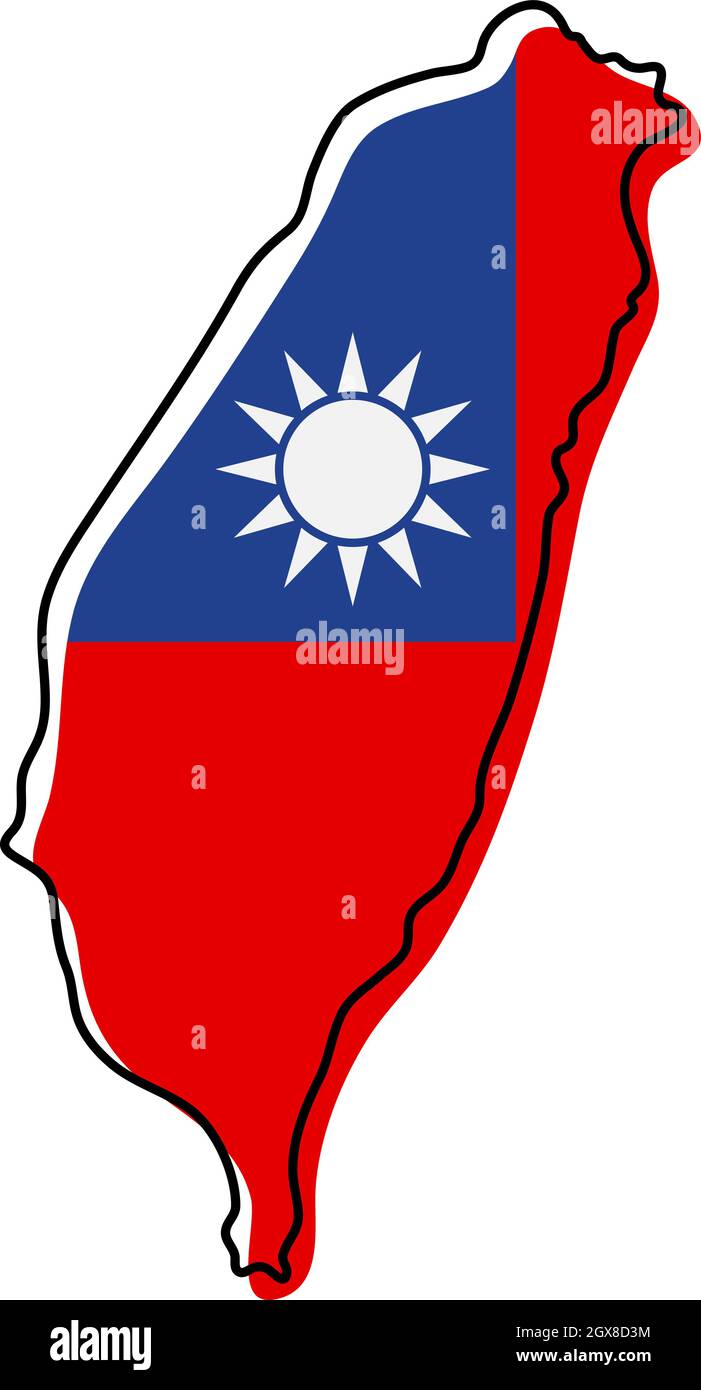Stylized outline map of Taiwan with national flag icon. Flag color map ...