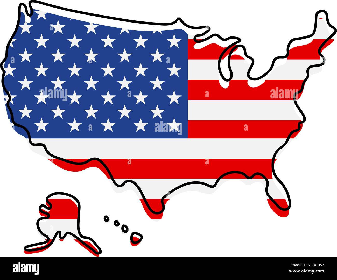 Stylized outline map of America with national flag icon. Flag color map ...