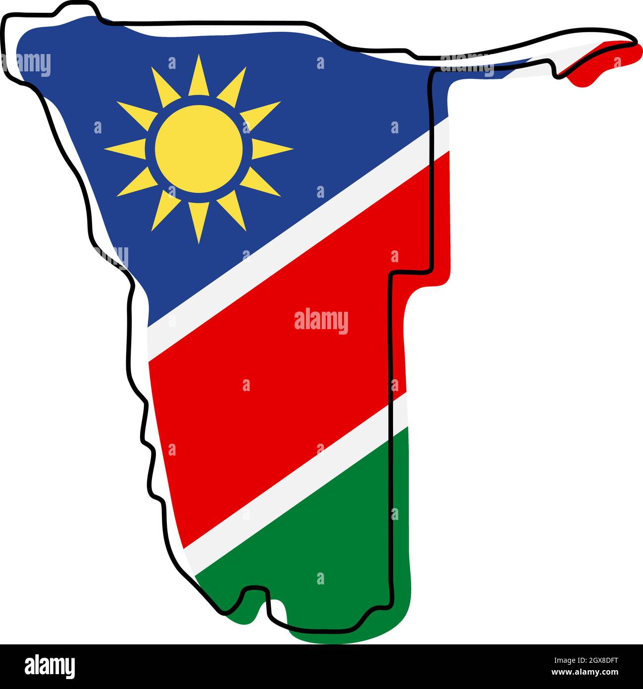 Stylized outline map of Namibia with national flag icon. Flag color map ...
