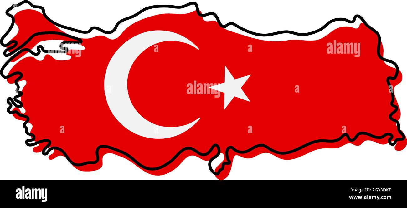 Stylized outline map of Turkey with national flag icon. Flag color map ...