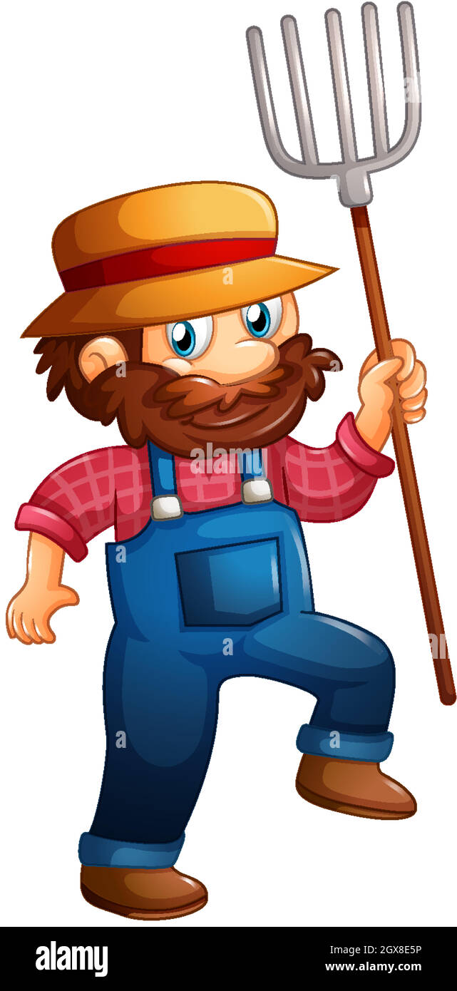 Farmer holding pitchfork cartoon character on white background Stock ...