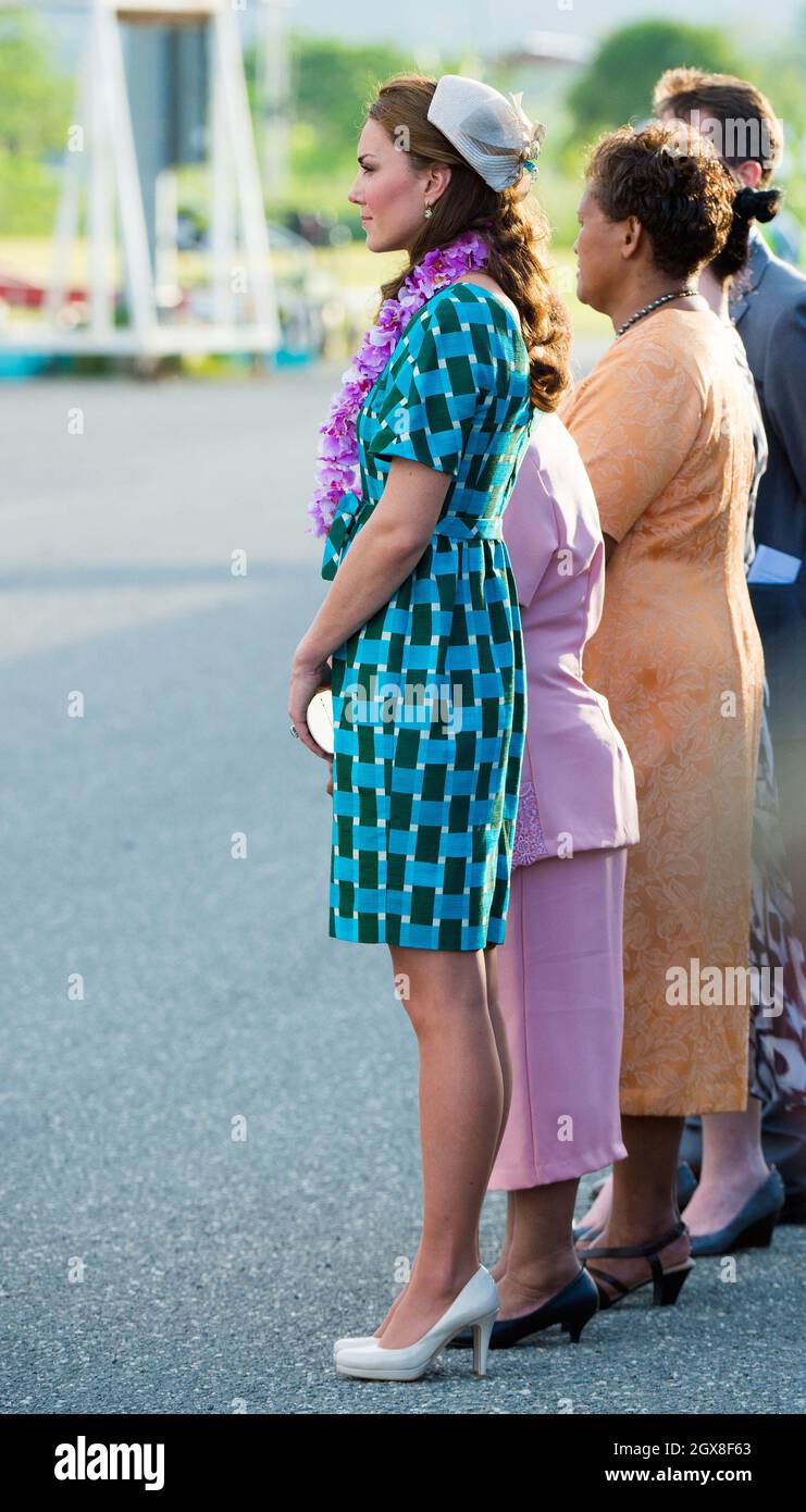 Catherine, Duchess of Cambridge, wearing a traditional garland, arrives ...