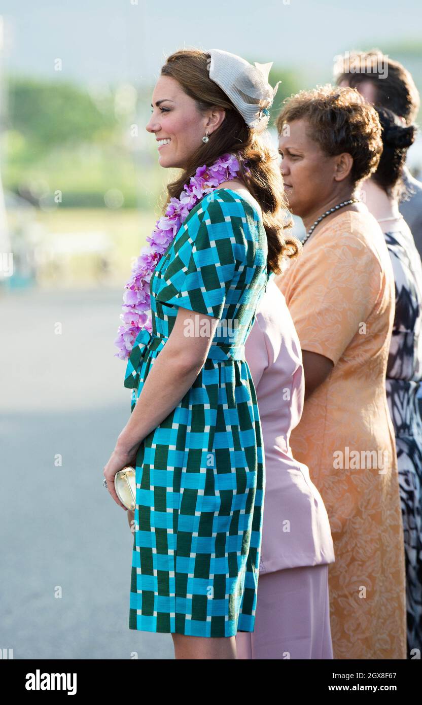Catherine, Duchess of Cambridge, wearing a traditional garland, arrives ...