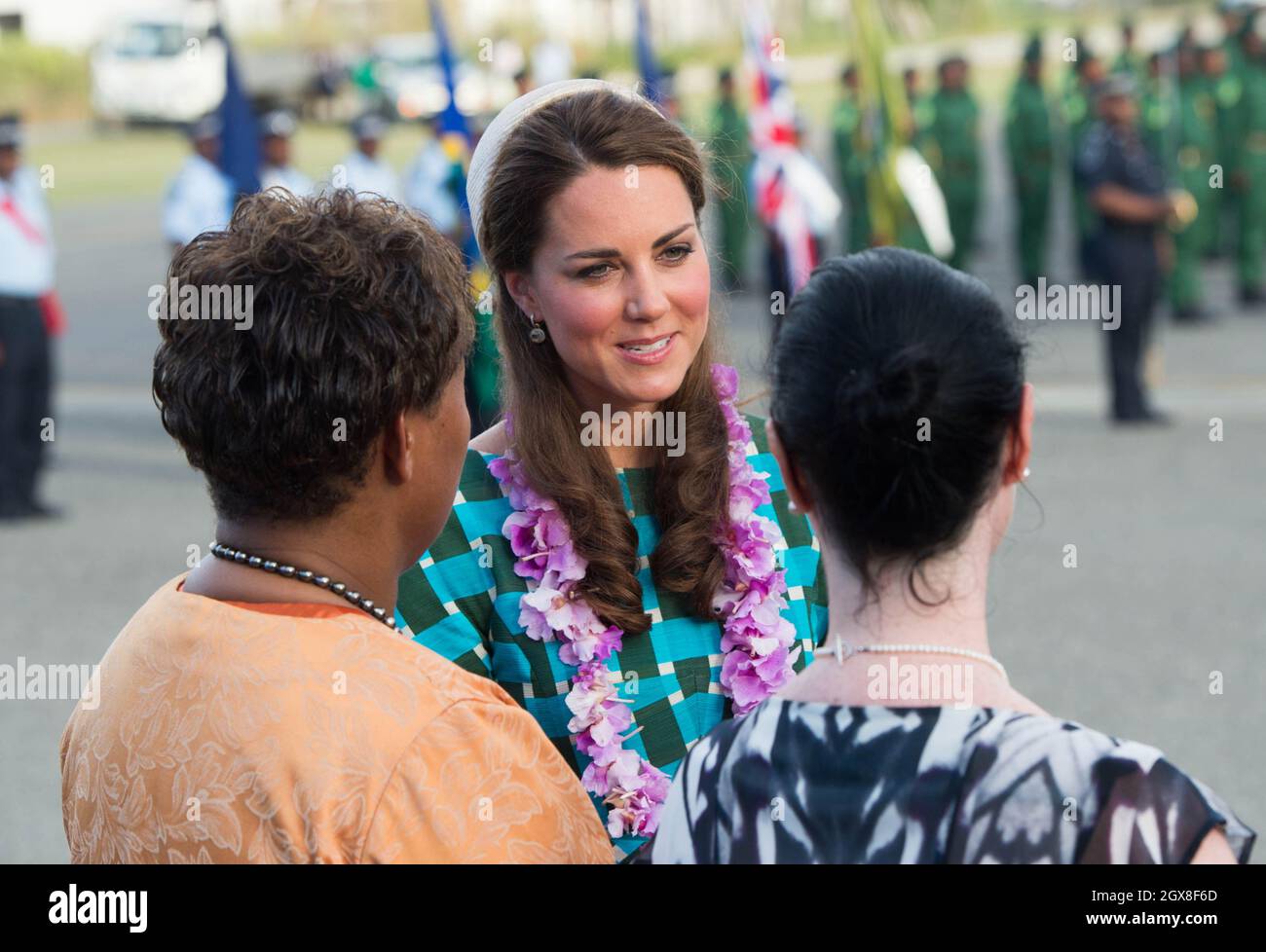 Catherine, Duchess of Cambridge, wearing a traditional garland, arrives ...