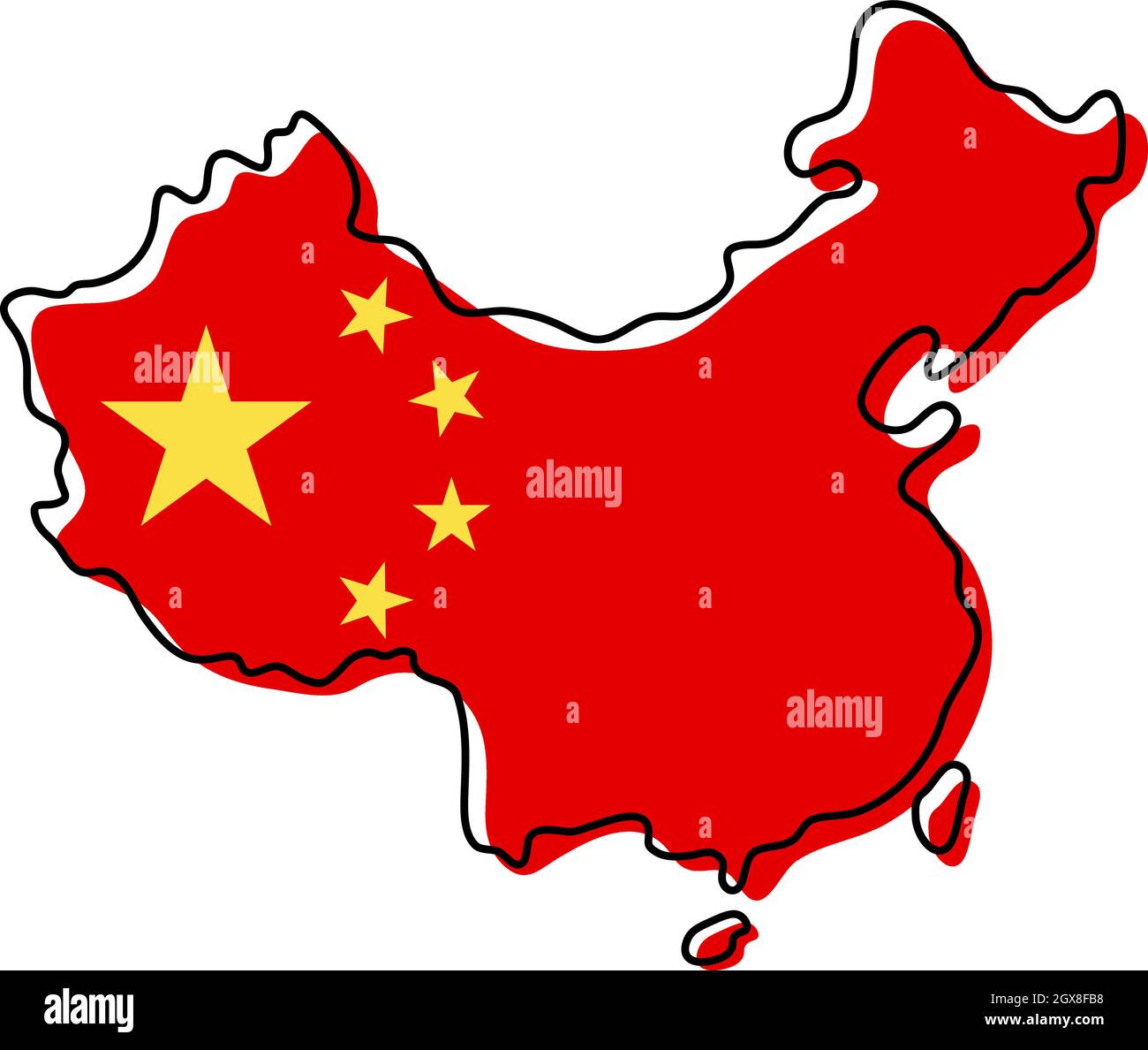 Stylized outline map of China with national flag icon. Flag color map ...