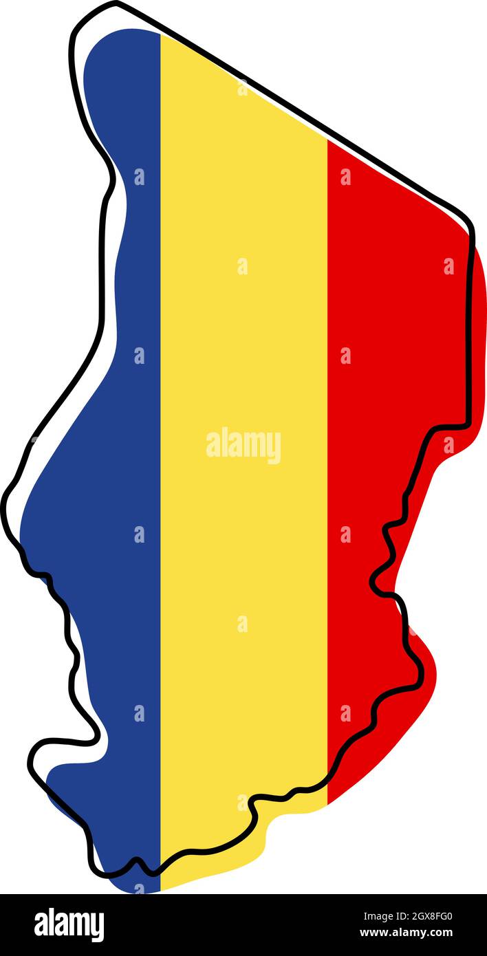 Stylized outline map of Chad with national flag icon. Flag color map of Chad vector illustration ...