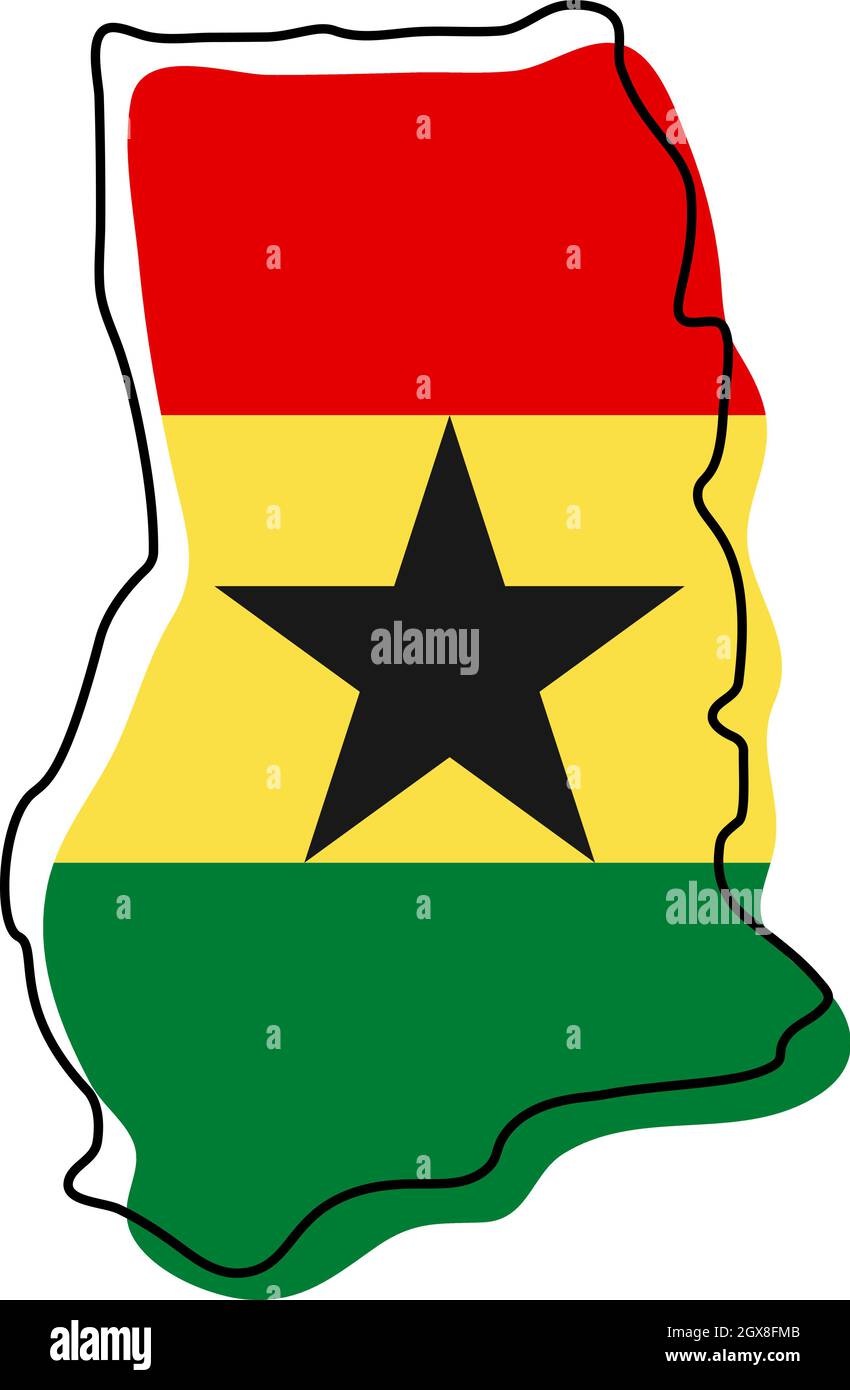 Stylized outline map of Ghana with national flag icon. Flag color map ...