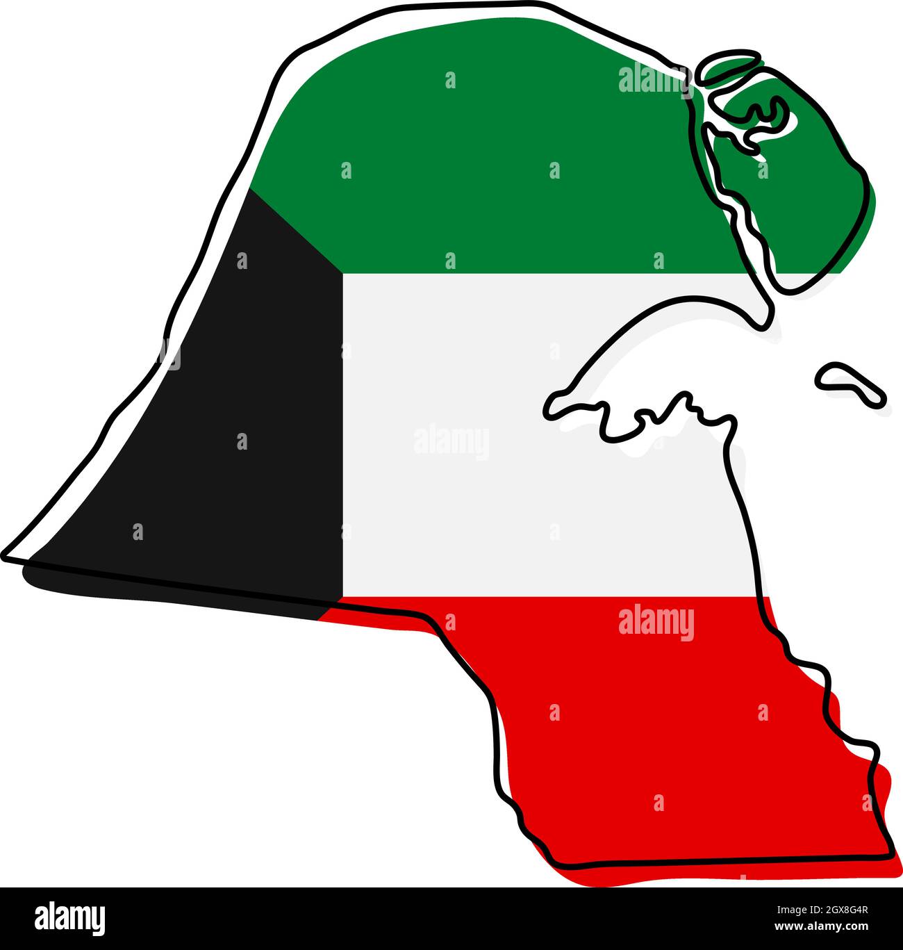 Stylized outline map of Kuwait with national flag icon. Flag color map ...