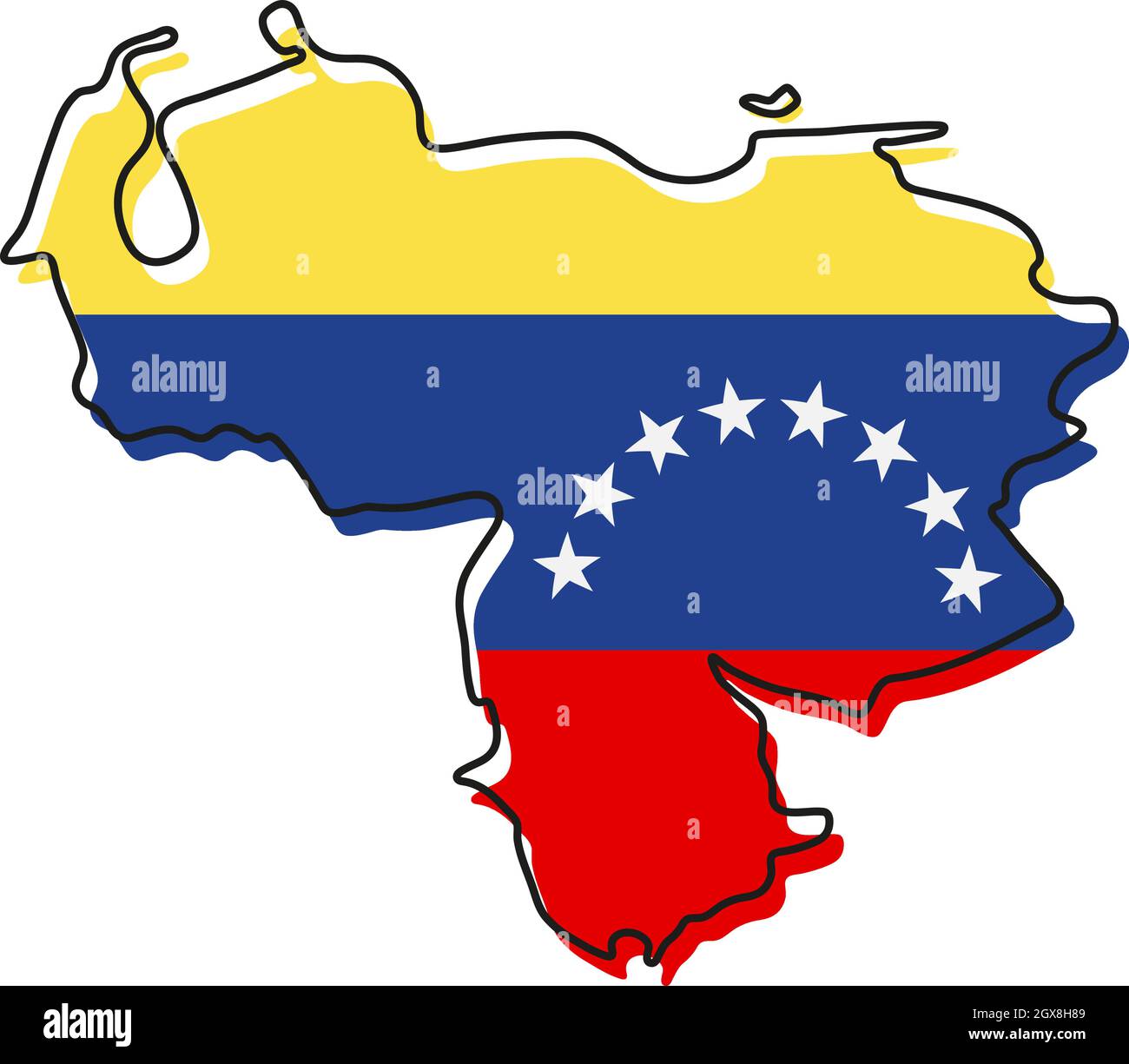 Stylized outline map of Venezuela with national flag icon. Flag color ...