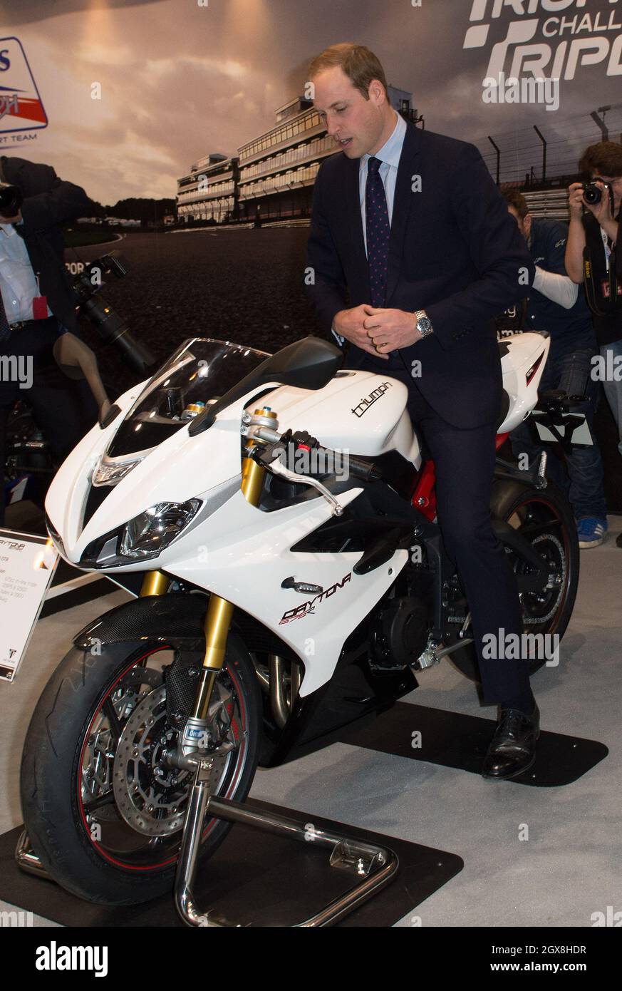 Prince William, Duke of Cambridge sits on a motorbike during a visit to ...