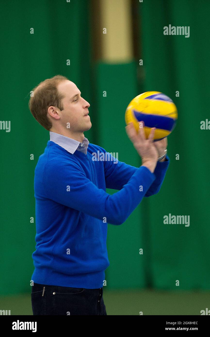 Prince William, Duke of Cambridge plays volleyball during a visit to a ...