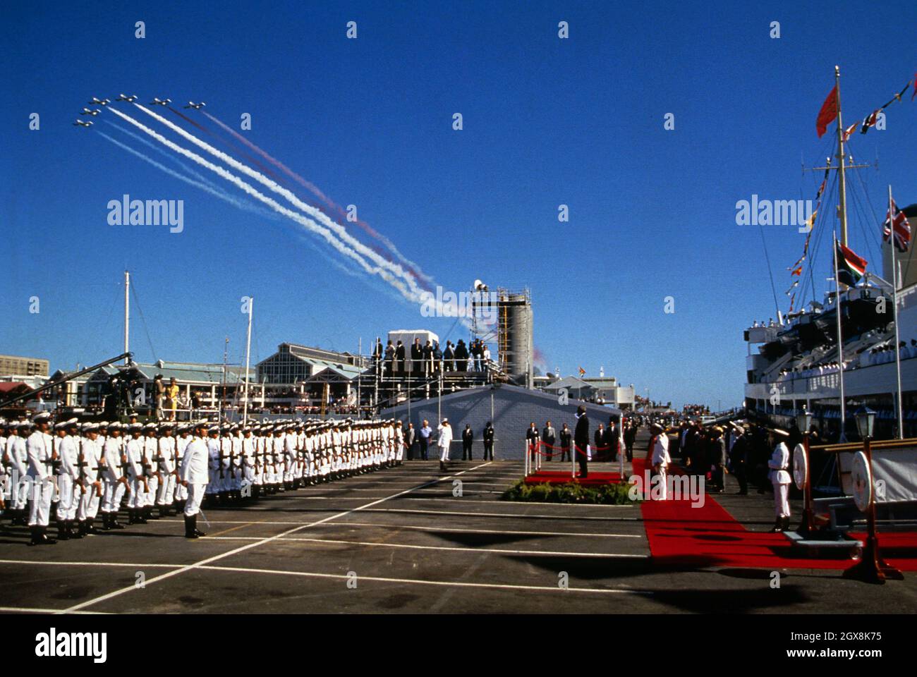 Queen Elizabeth II attends a fly past during a Royal Tour of South ...