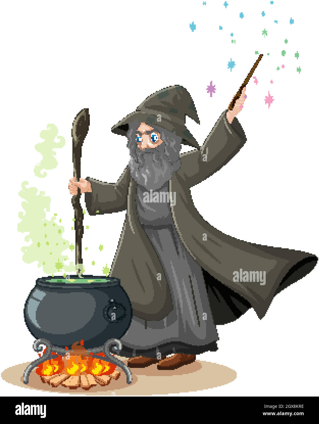 Old wizard with black magic pot and magic wand cartoon style isolated ...