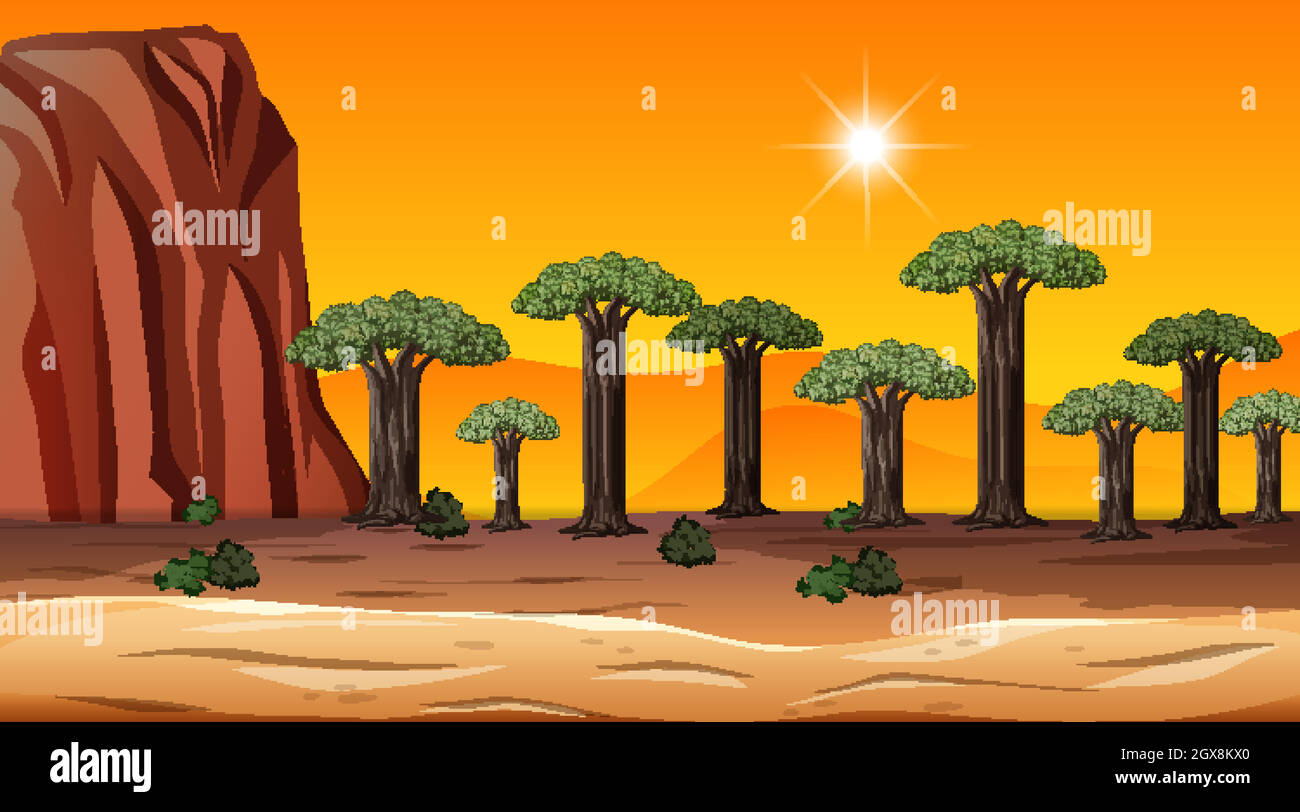 African Savanna forest landscape scene at sunset time Stock Vector ...