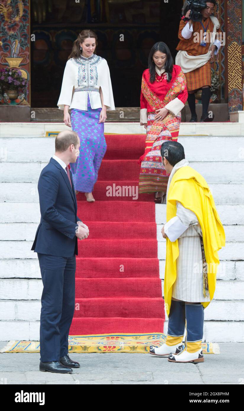 Catherine, Duchess of Cambridge walks with HM Jetsun Pema Wangchuck, King Jigme Khesar Namgyel ...