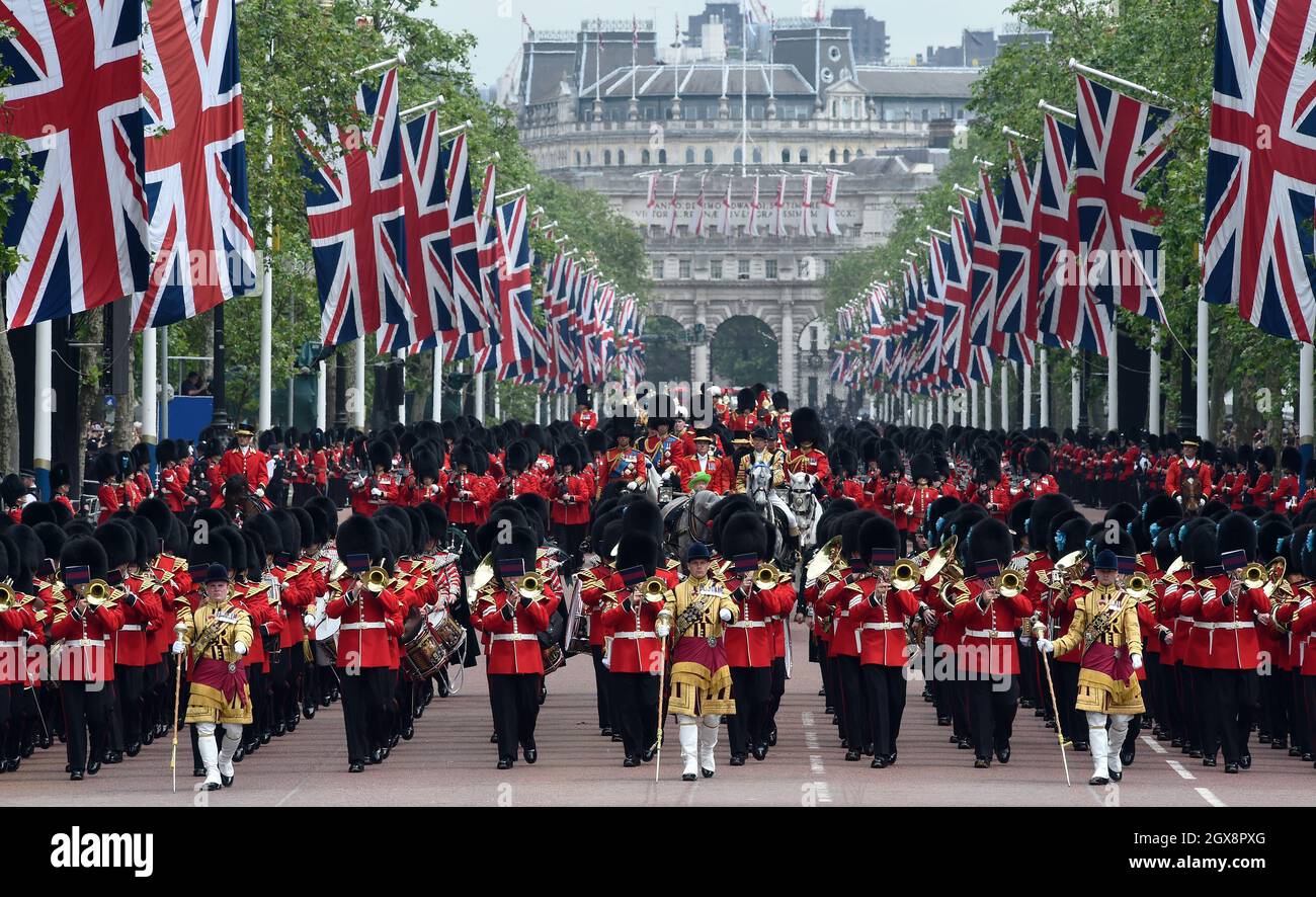 Soldiers march up the Mall during theTrooping of the Colour ceremony in ...