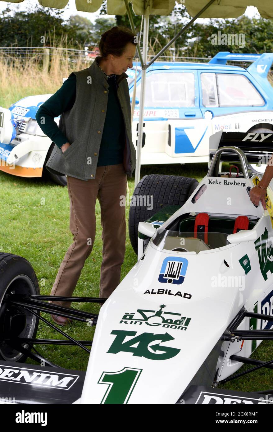Princess Anne, the Princess Royal looks at a racing car as she attends ...