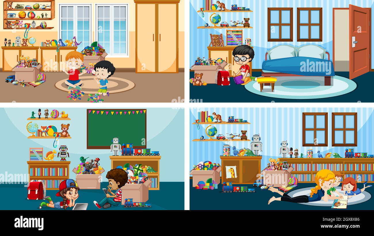 Four scenes with kids playing and reading in different rooms Stock ...