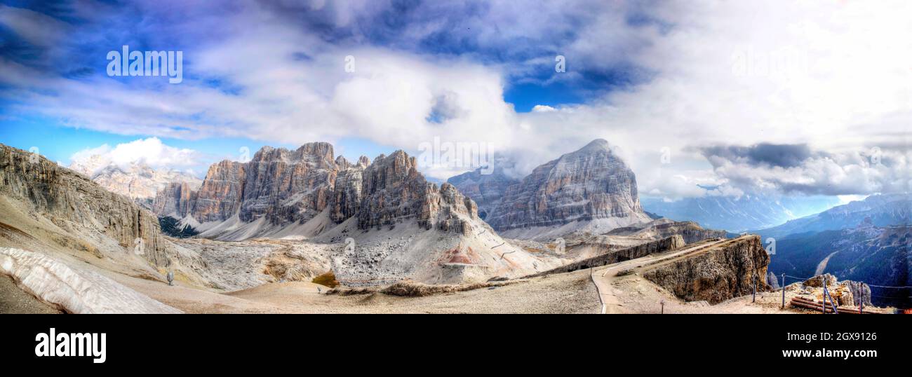 Panoramic view of the Tofane mountain group in the Dolomites of ...
