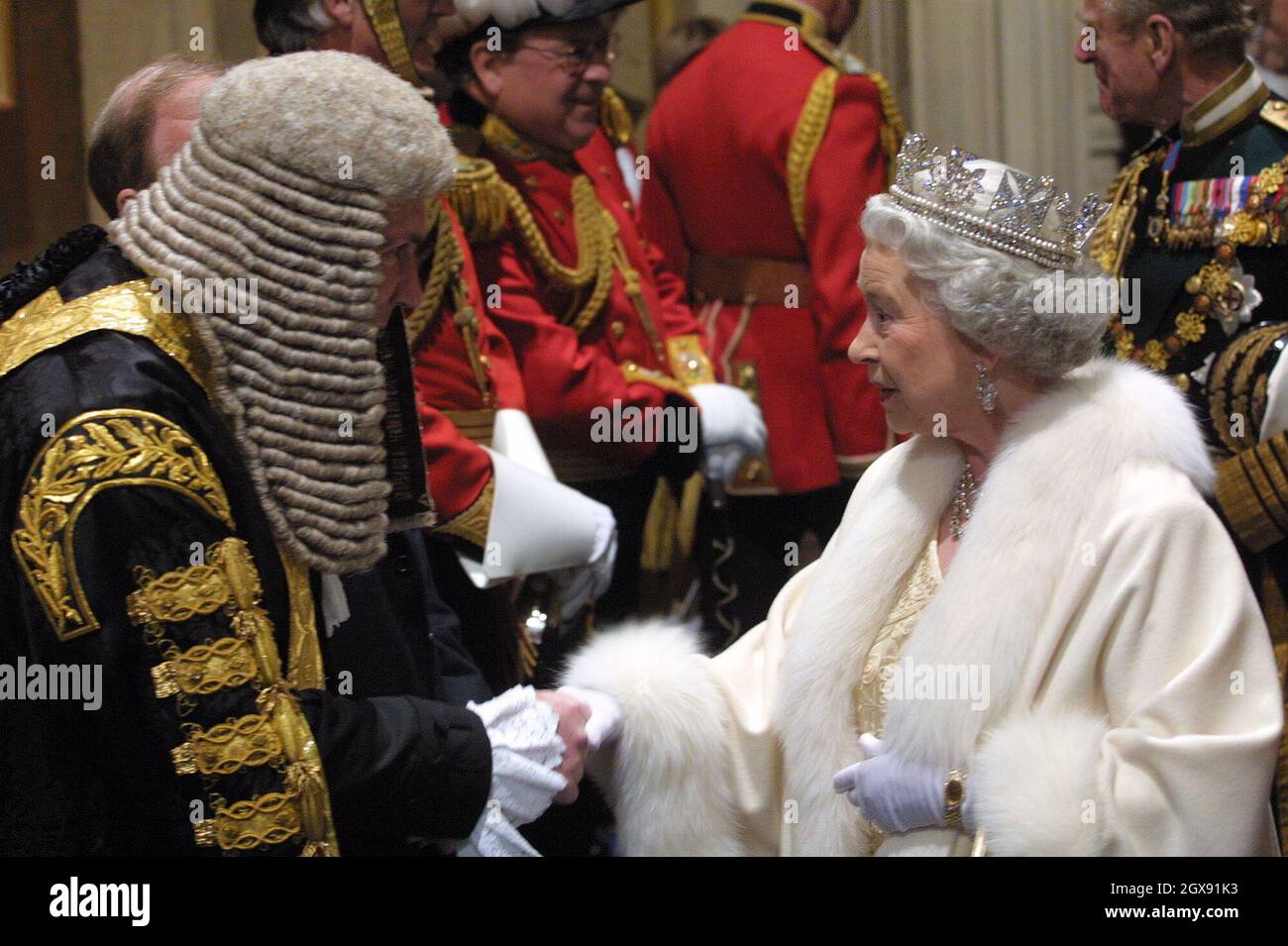 Her Majesty the Queen shakes hands with Lord Chancellor Lord Irvine at ...
