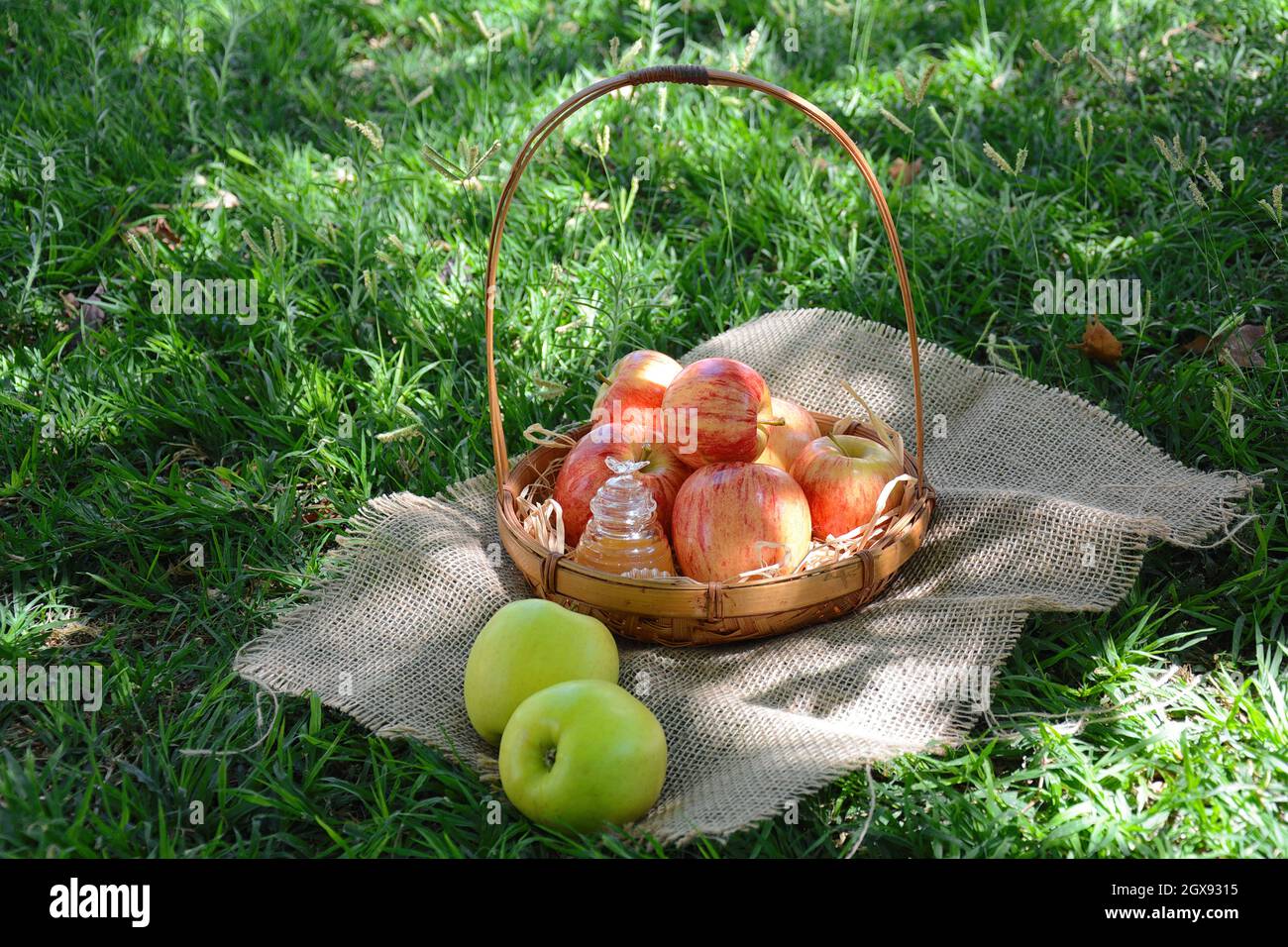 Jewish New Year holiday- Rosh Hashana concept with honey and fresh ...