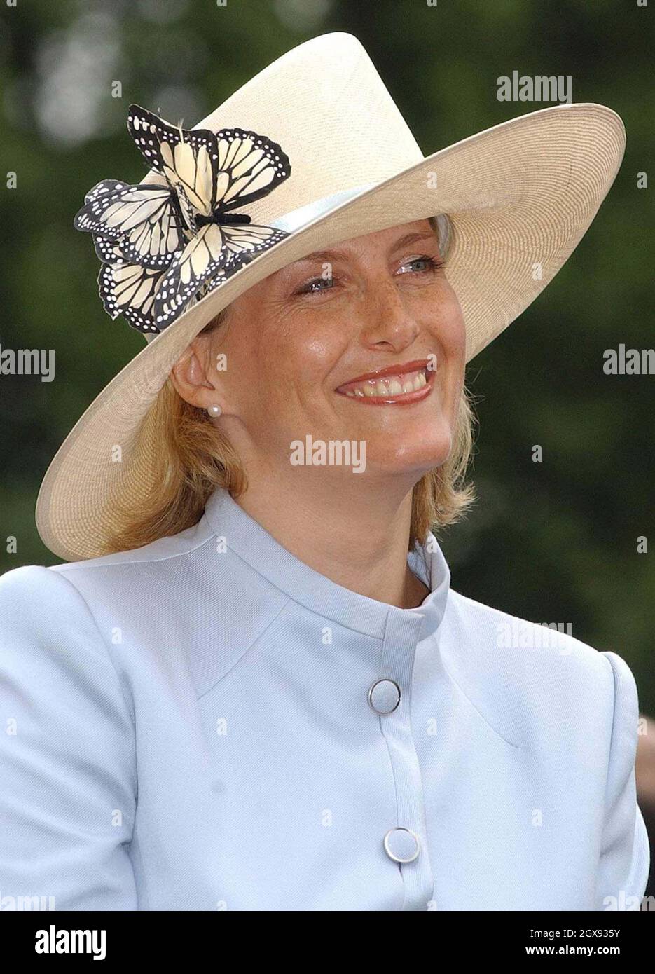 The Countess of Wessex, wearing a hat decorated with butterflies ...