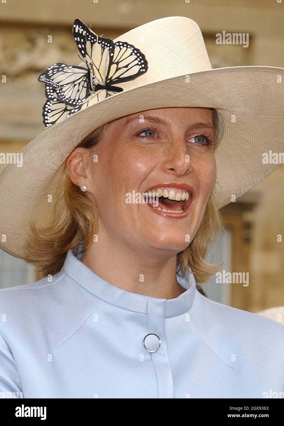 The Countess of Wessex, wearing a hat decorated with butterflies ...
