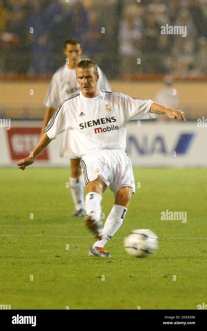 David Beckham playing for Real Madrid during an exhibition match ...