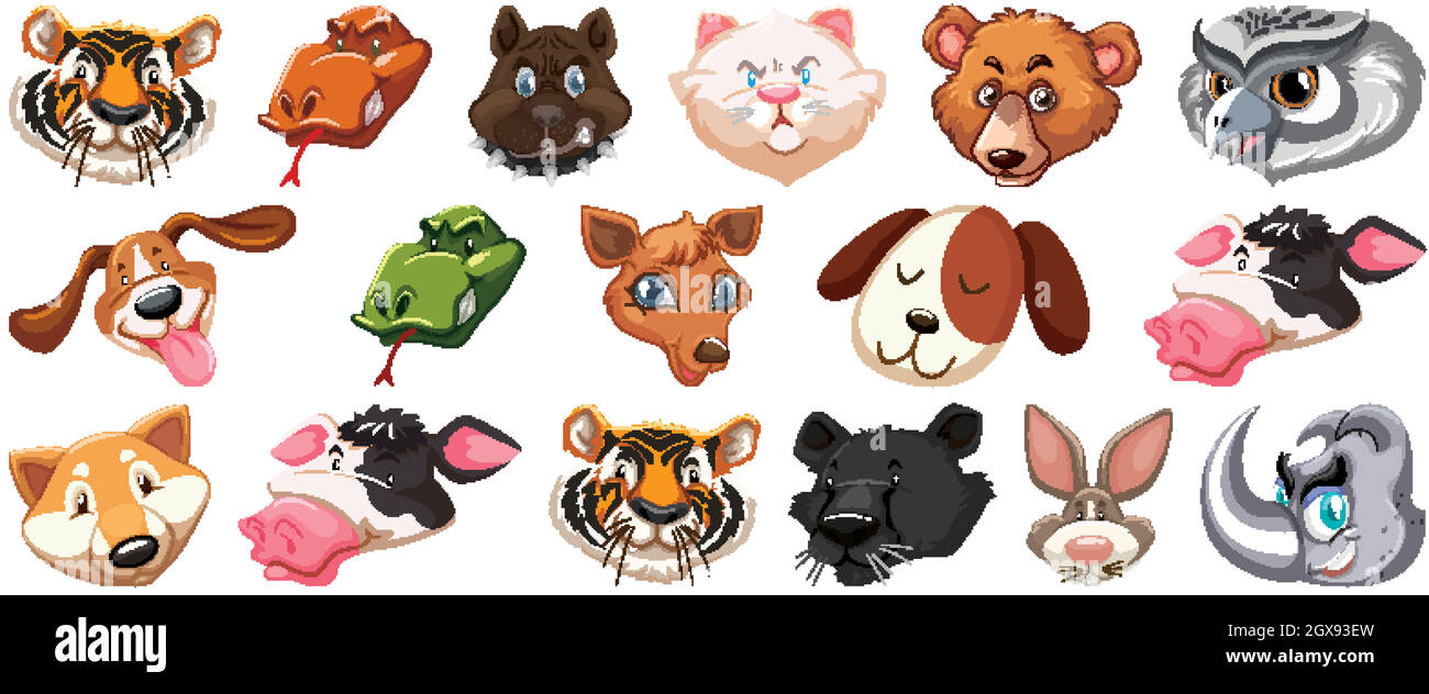 Set of different cute cartoon animals head huge isolated on white ...