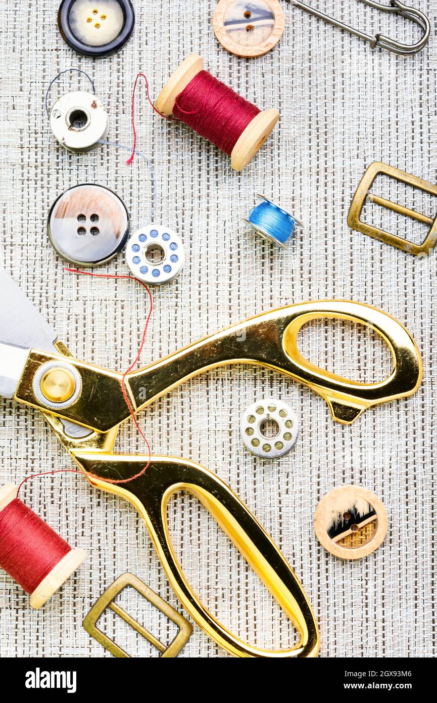 Set of buttons, threads and other sewing accessories.Tools for sewing ...