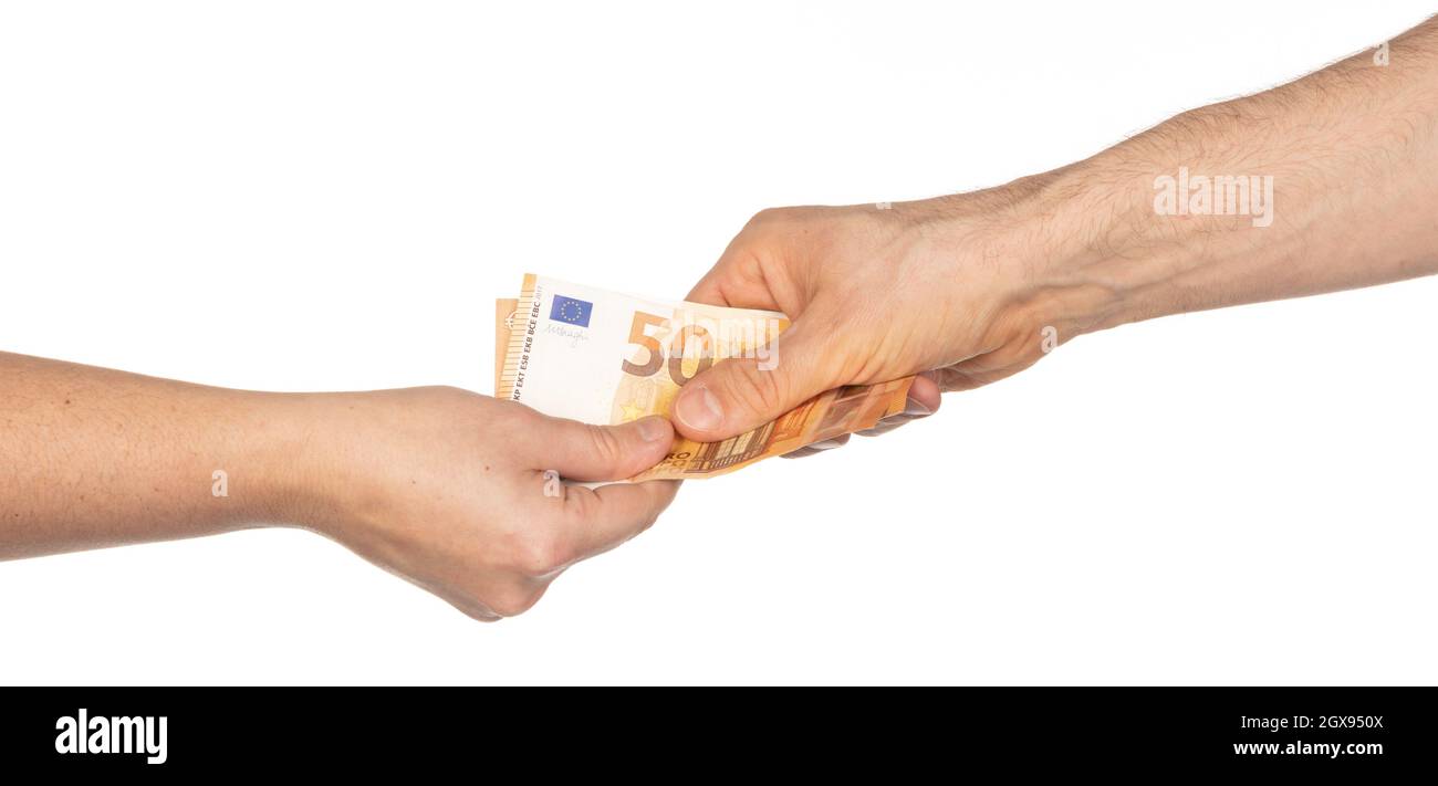 Male and female hand giving and receiving euro's, isolated on white ...