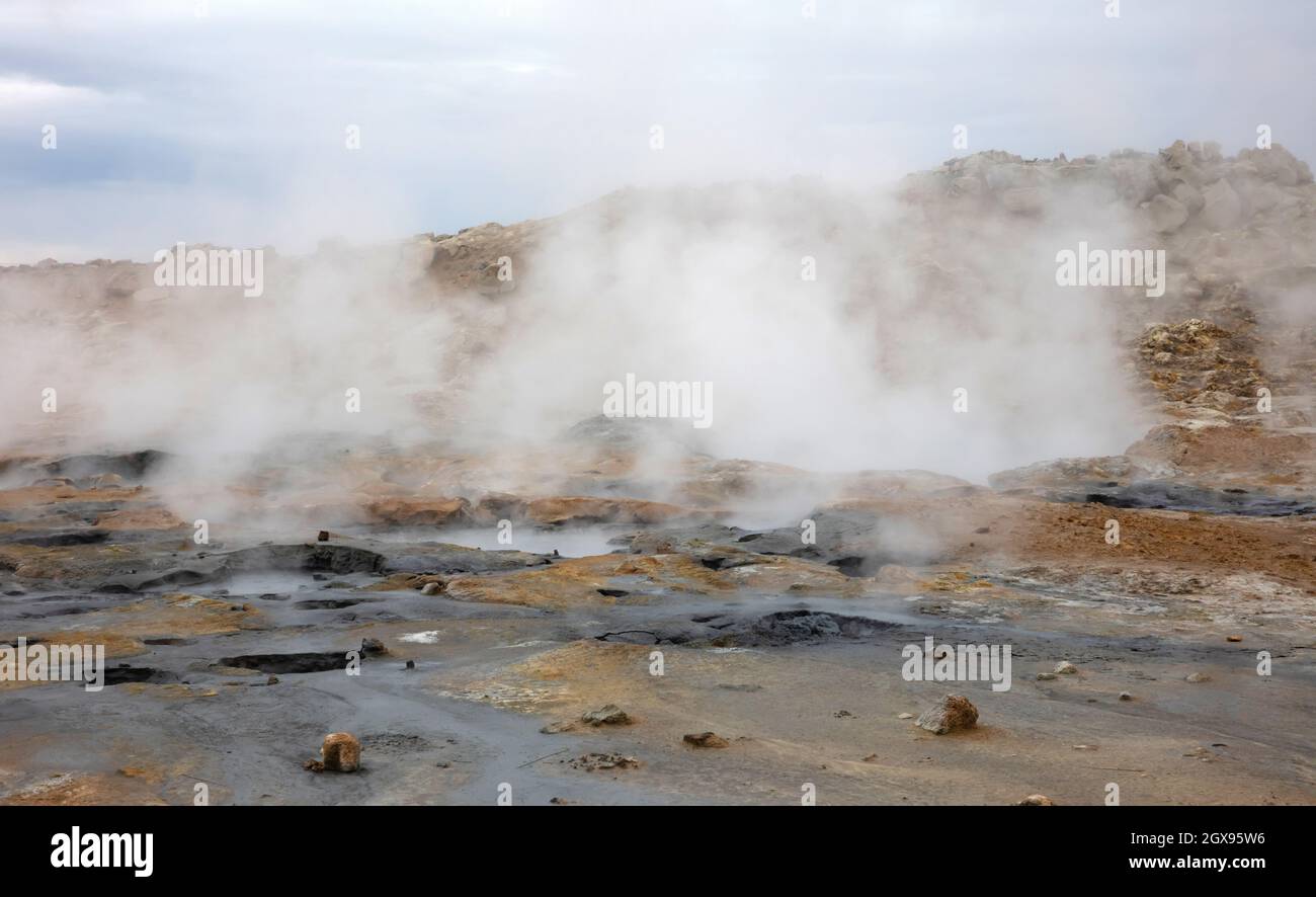 Steaming fumarole in geothermal area of Hverir, Namafjall in northern ...